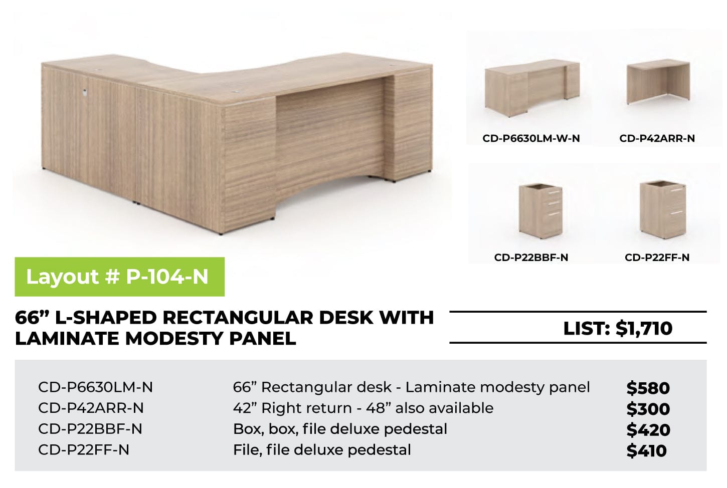 CorpDesign 66" L-Shaped Rectangular Desk w/ Laminate Modesty Panel (#P ...