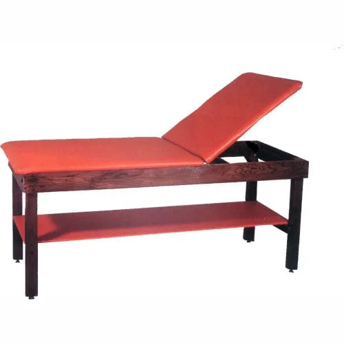 Wooden Treatment Table with Shelf & Rising Back, Blue Upholstery, Natu ...